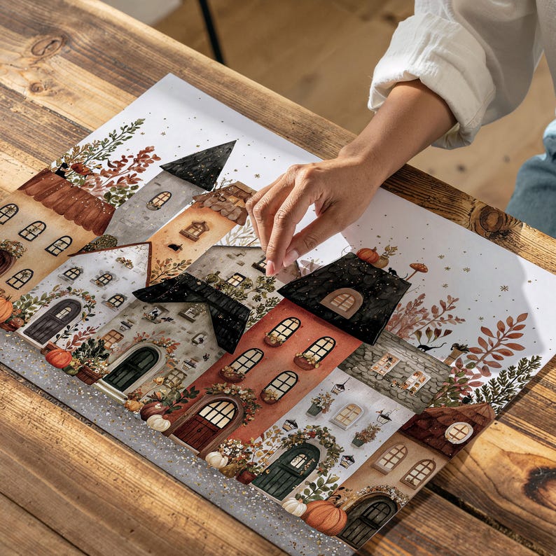 Autumn Village Print: Whimsical Fall Landscape Folk Art (digital ...