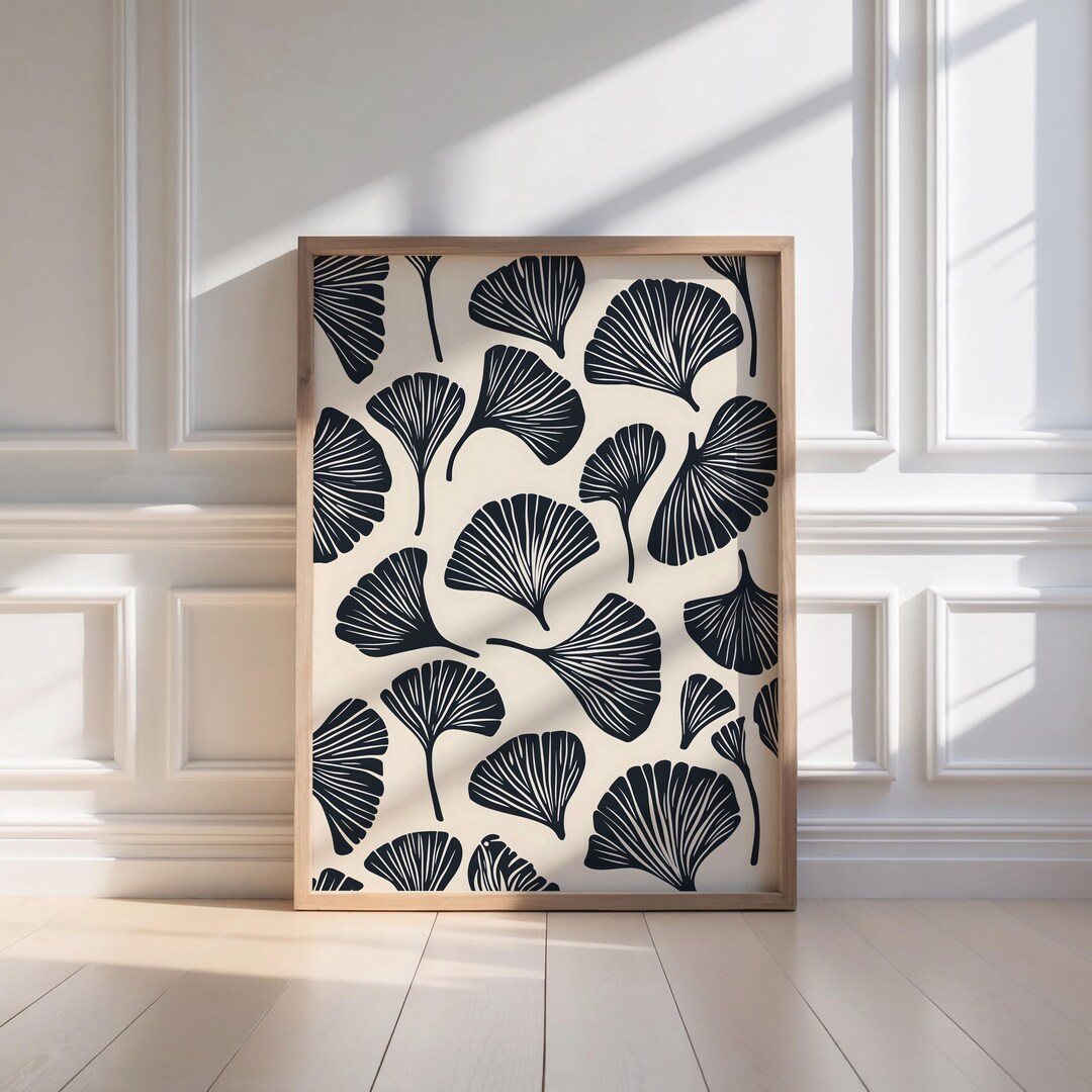 Minimalist Ginkgo Leaf Print, Beige Black Botanical Art (digital ...