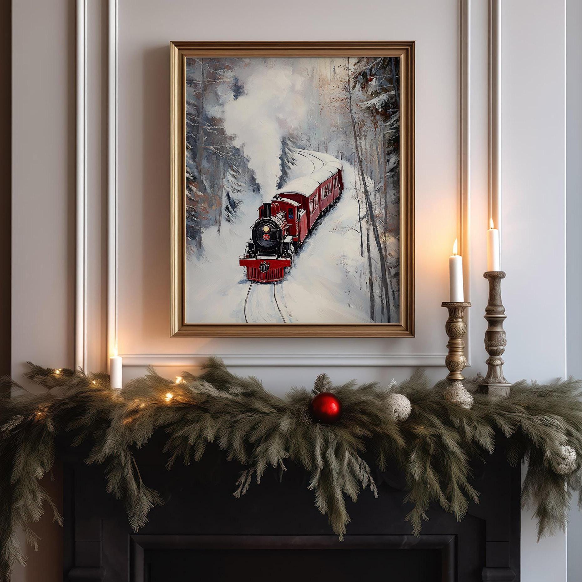 Vintage Christmas Train Print: Snowy Winter Railroad Art (digital ...