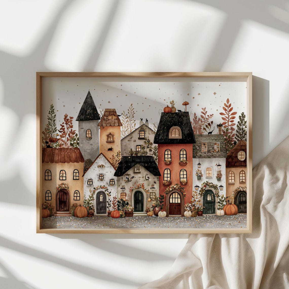 Autumn Village Print: Whimsical Fall Landscape Folk Art (digital ...