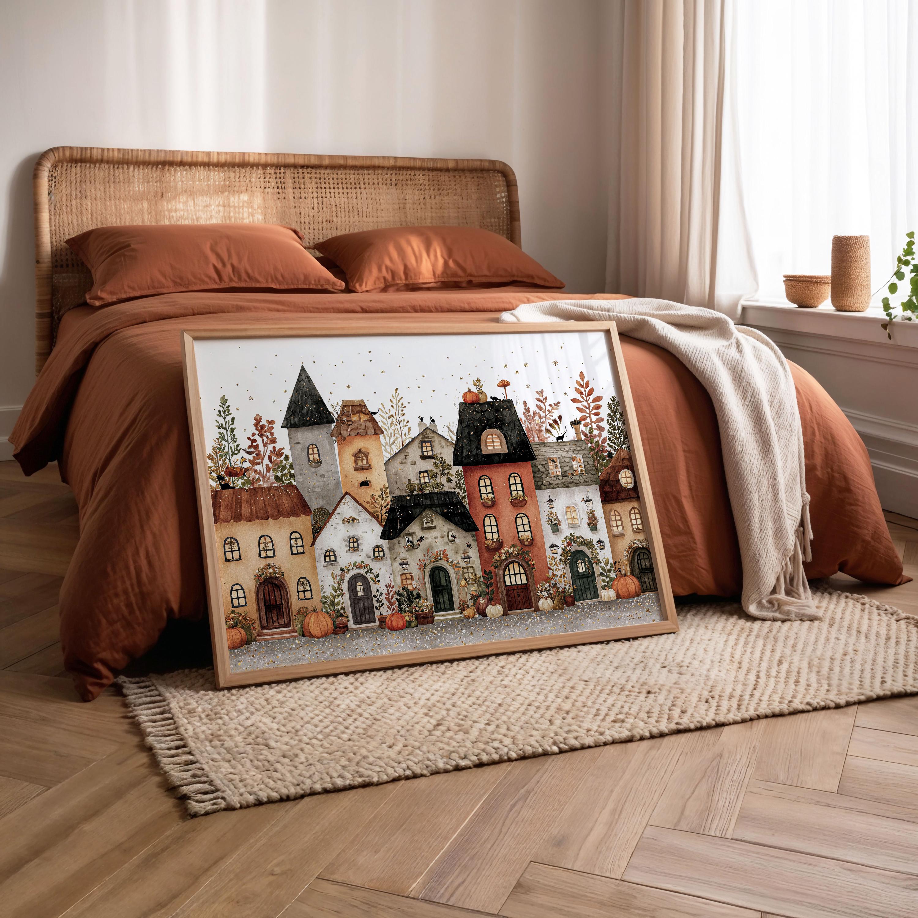 Autumn Village Print: Whimsical Fall Landscape Folk Art (digital ...