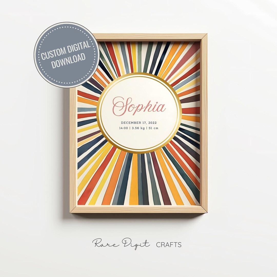 Personalized Baby Name Sun Poster, Custom Boho Sun Printable Art, Baby ...