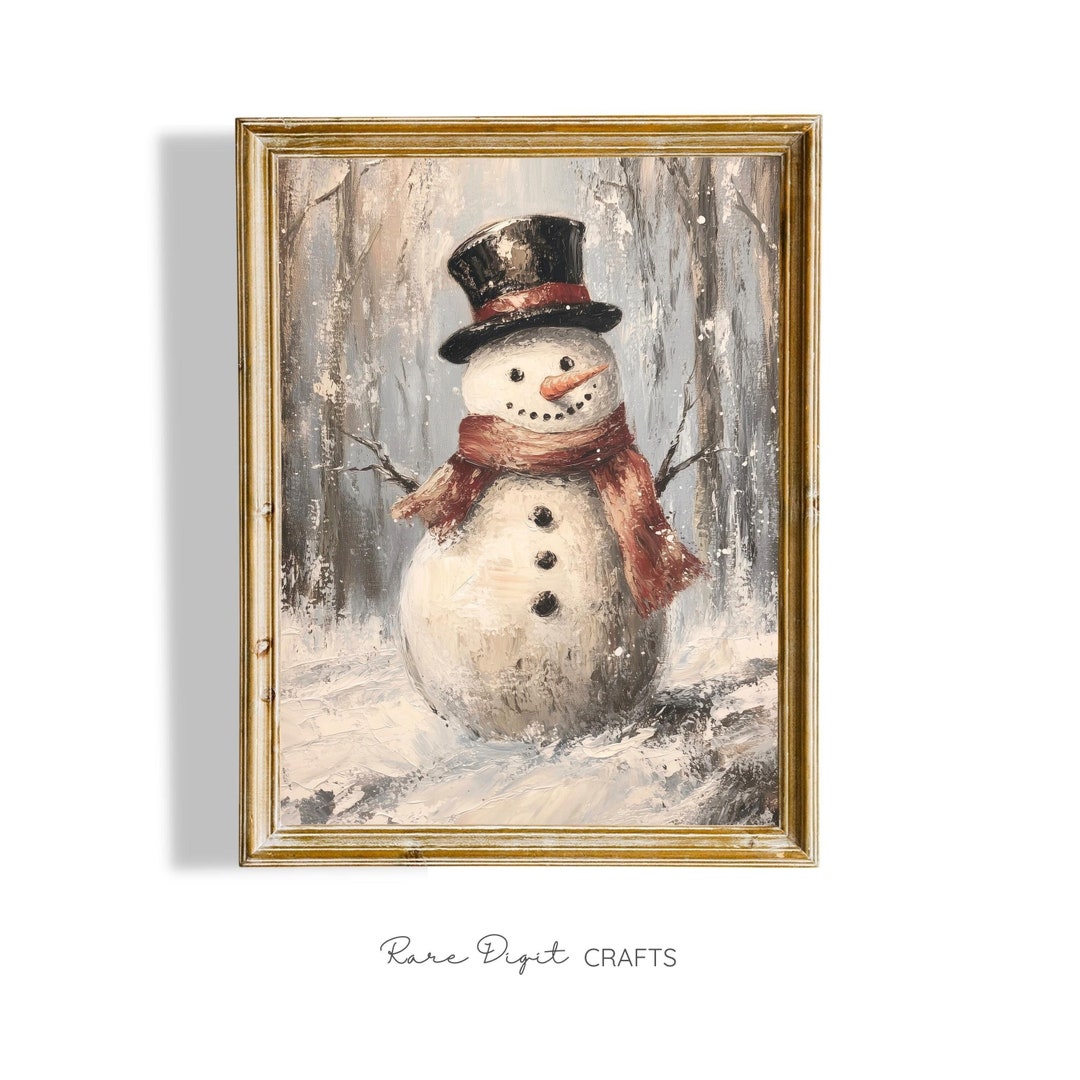 Vintage Snowman Wall Art, Snowman Digital Oil Painting, Snowman Rustic ...