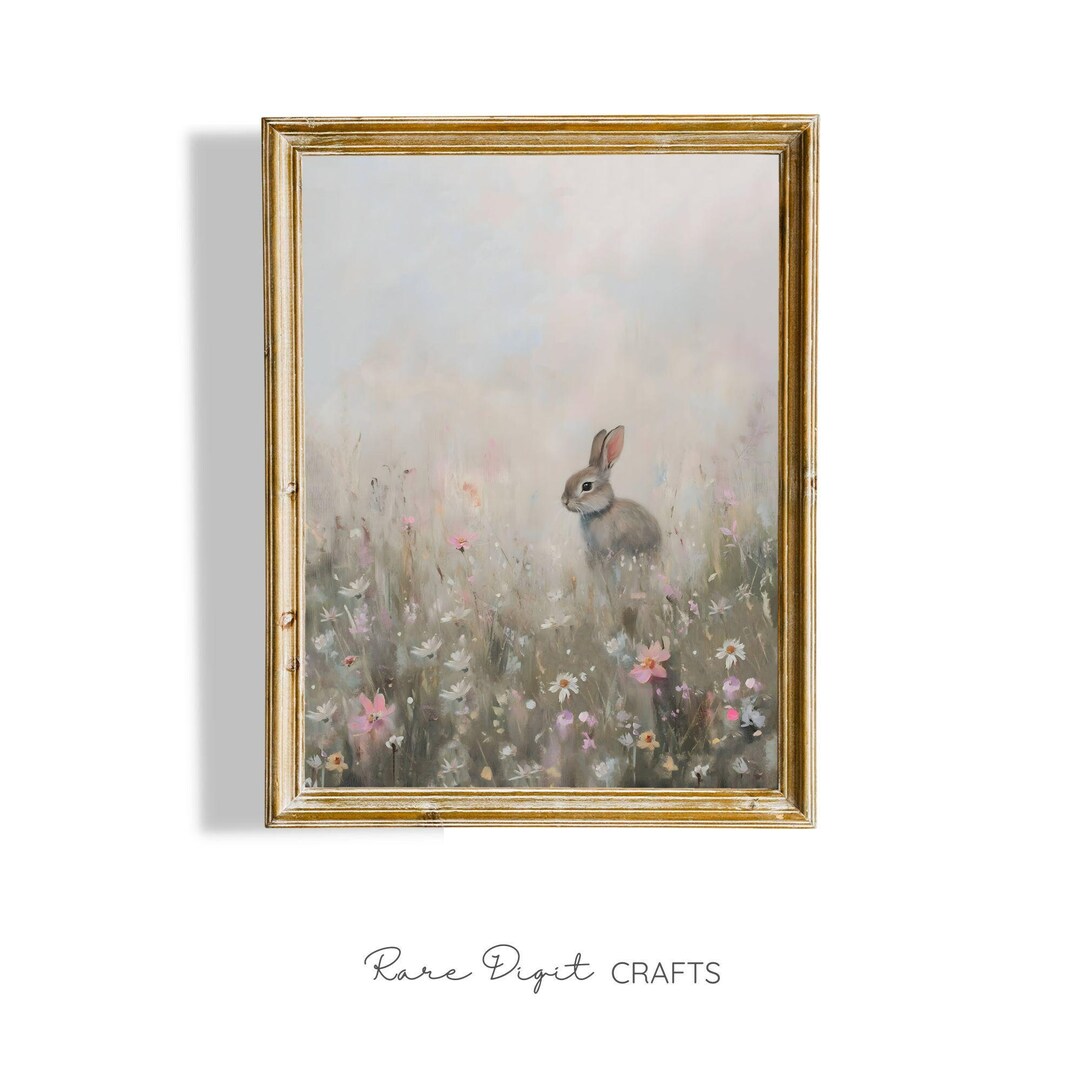 Spring Bunny Wildflowers Field Art Print, Vintage Easter Floral Bunny ...