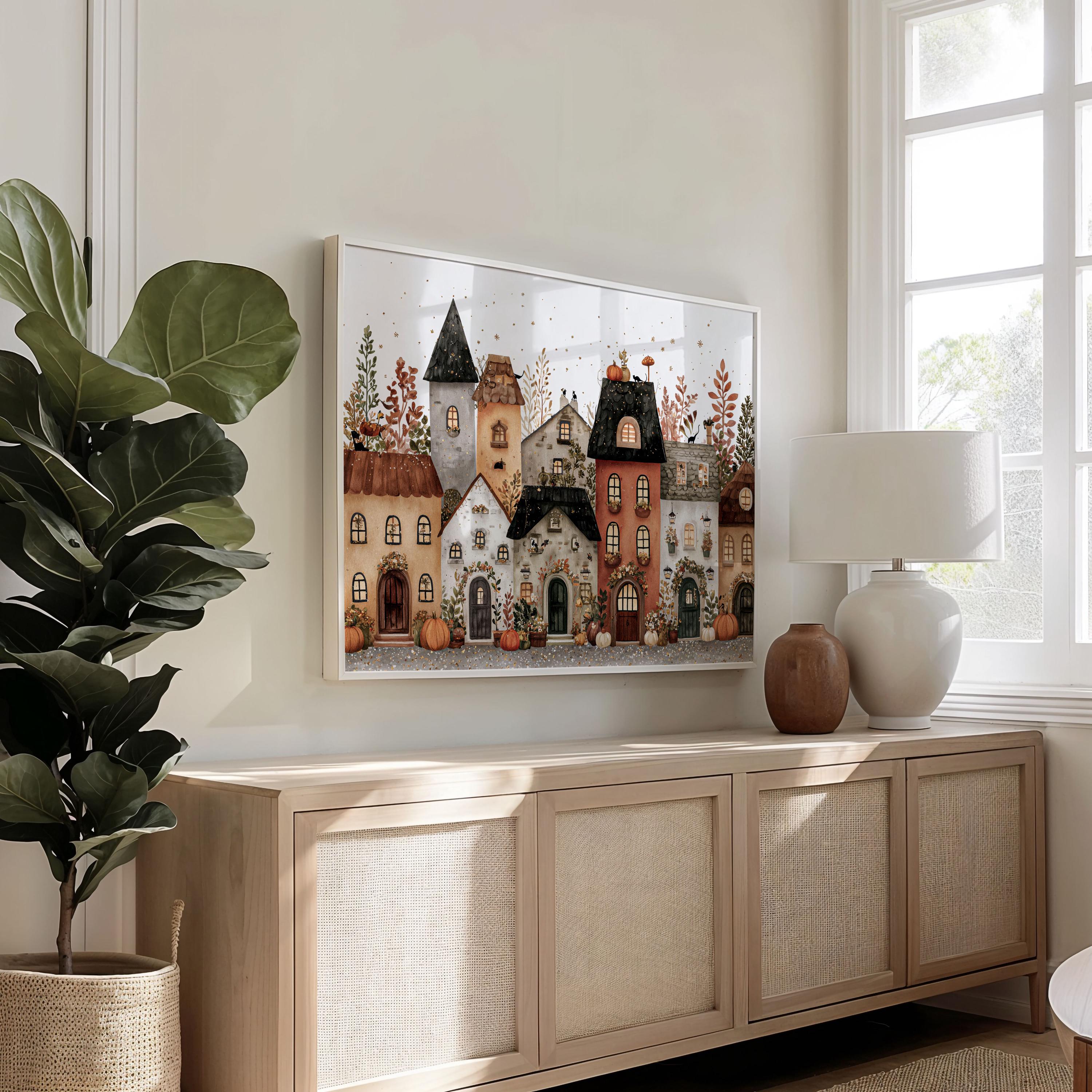 Autumn Village Print: Whimsical Fall Landscape Folk Art (digital ...