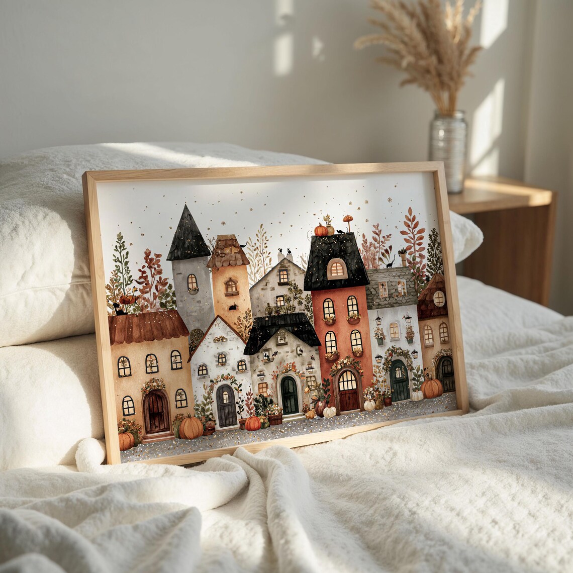 Autumn Village Print: Whimsical Fall Landscape Folk Art (digital ...
