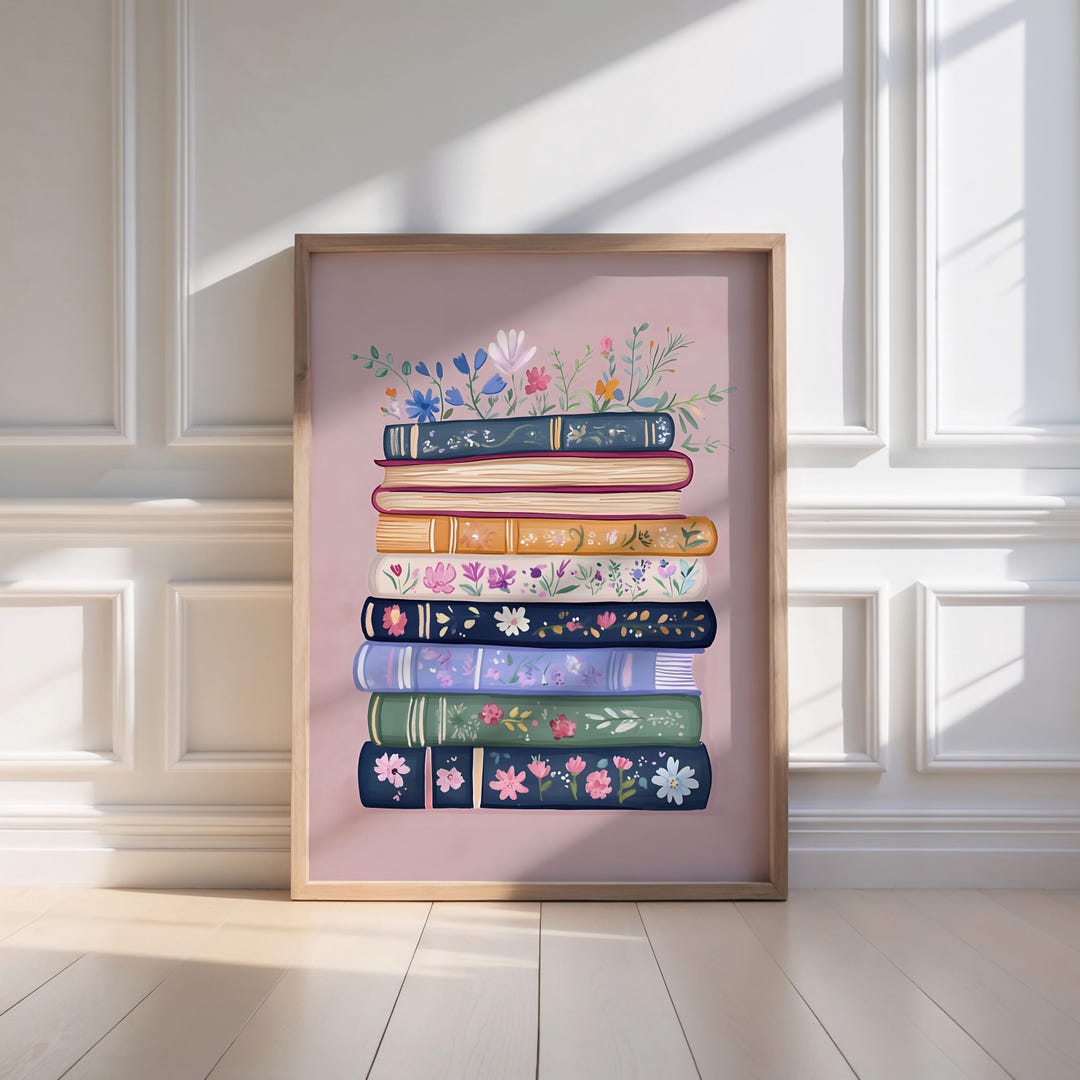 Pastel Book Stack Print, Whimsical Floral Book Art (digital Download ...