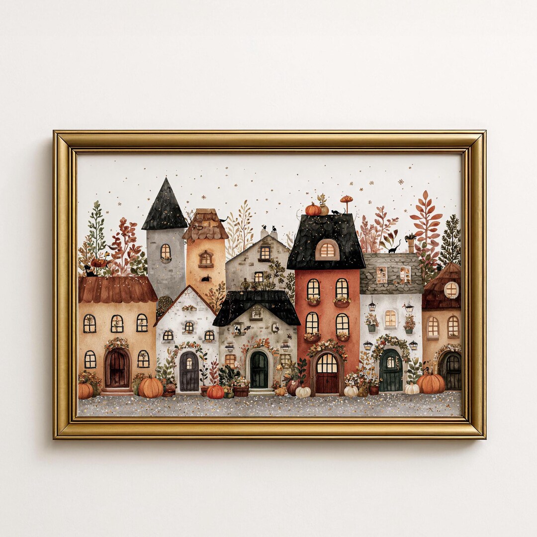 Autumn Village Print: Whimsical Fall Landscape Folk Art (digital ...