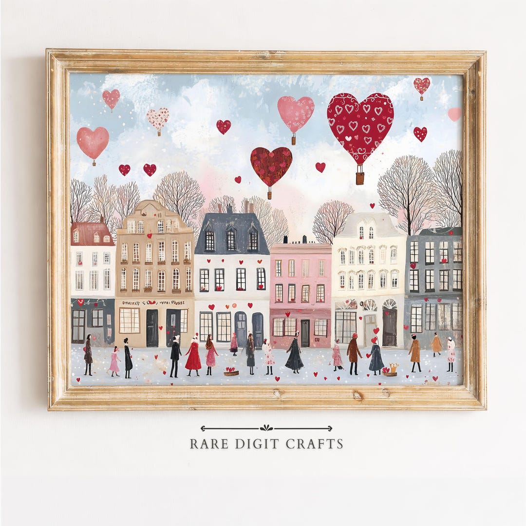 Valentine's Day Village Painting, Retro Wall Art (digital Print) - Etsy