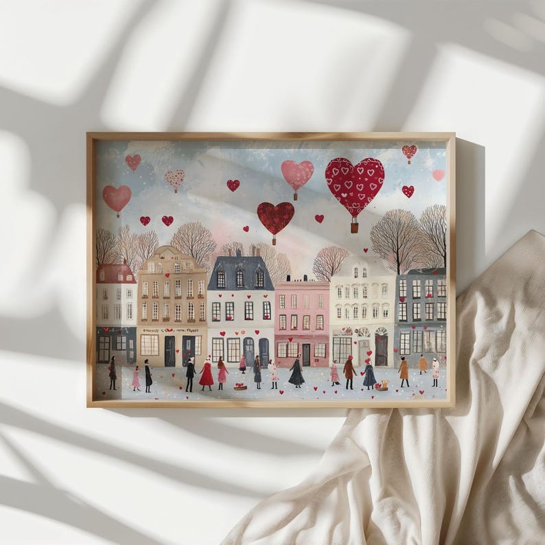 Valentine's Day Village Painting, Retro Wall Art (digital Print) - Etsy