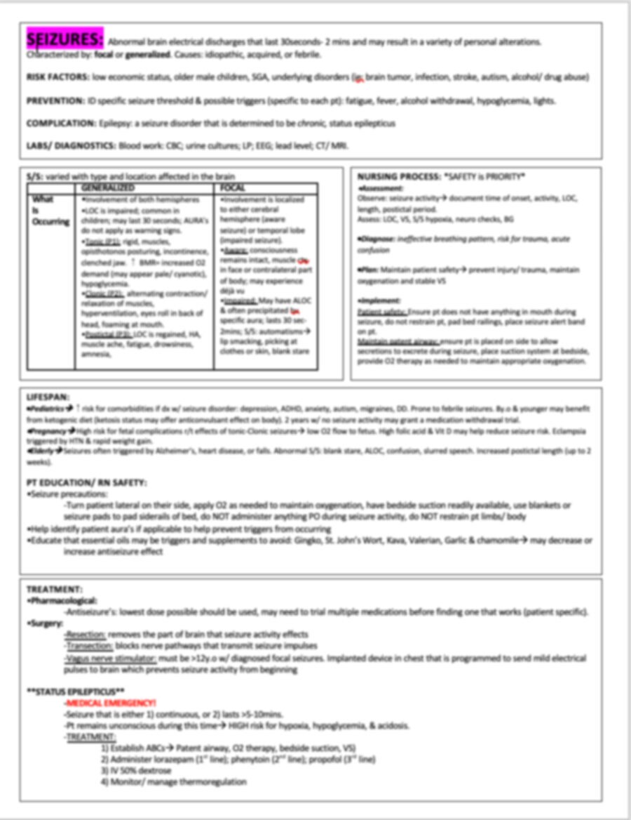 Seizure Study Sheet - Etsy