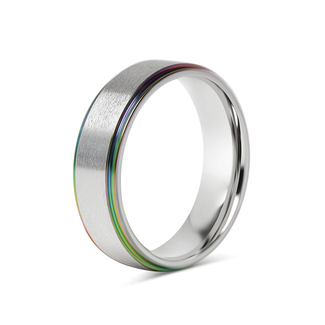 Rainbow Edge Brushed Center Stainless Steel Ring - Etsy