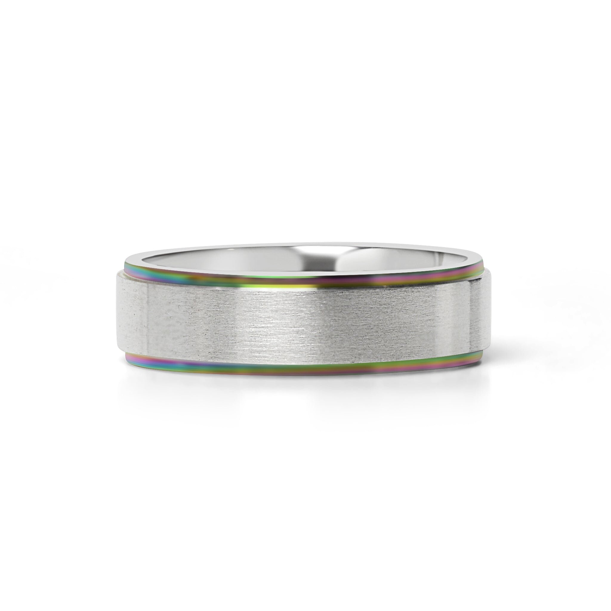 Rainbow Edge Brushed Center Stainless Steel Ring | Comfort Fit Rings ...