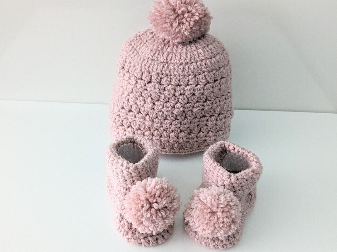Dusky Pink Baby Hat and Booties Set 3-6M. Crochet Pom-pom Baby Hat With ...