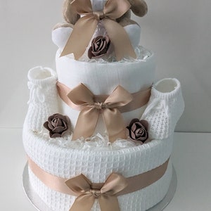 Neutral Baby Gift Nappy Cake With Waffle Cotton Baby Blanket, Cotton ...