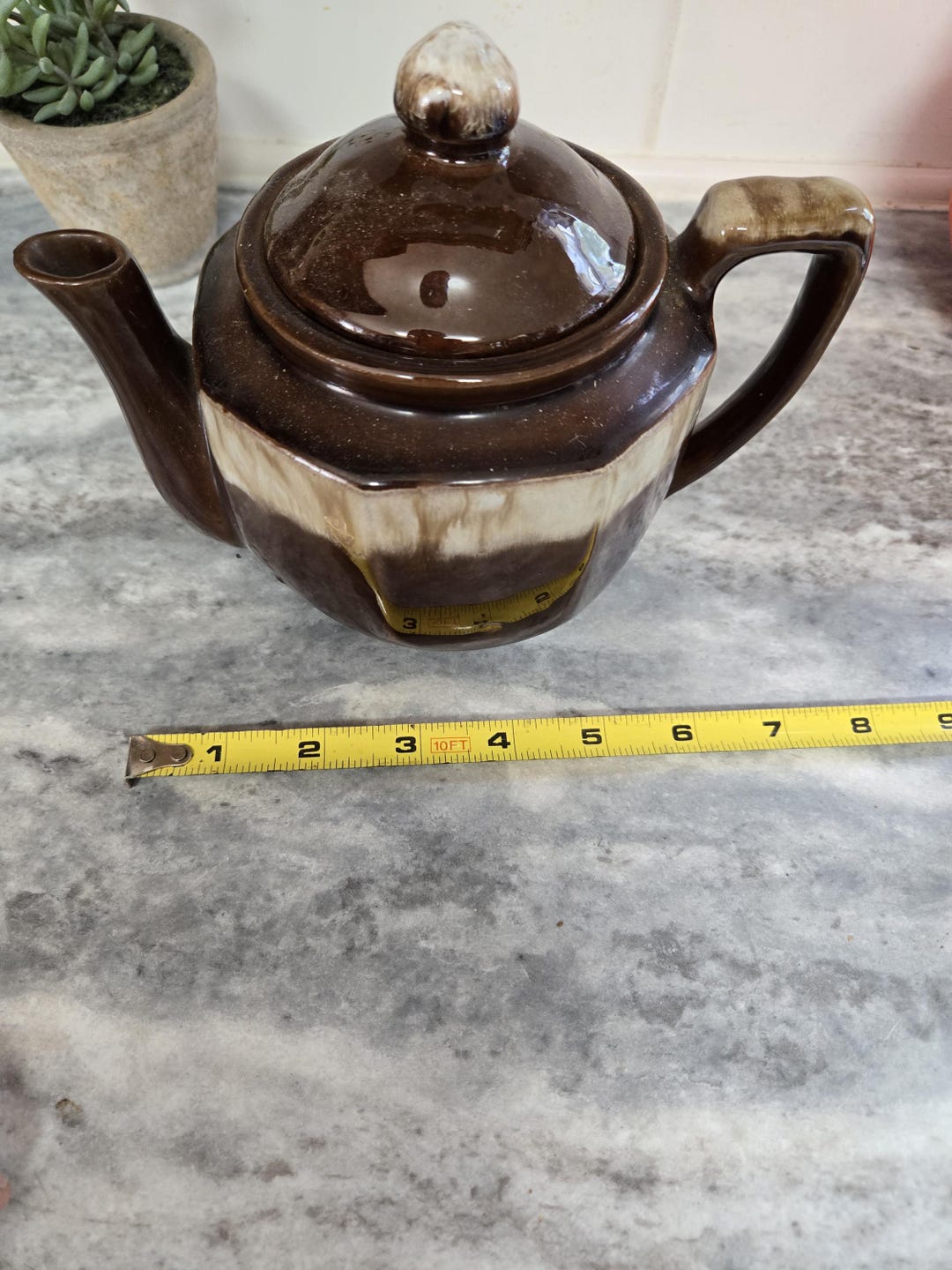 Vtg Tea Pot With Brown Drip and Beige Accent MCM - Etsy