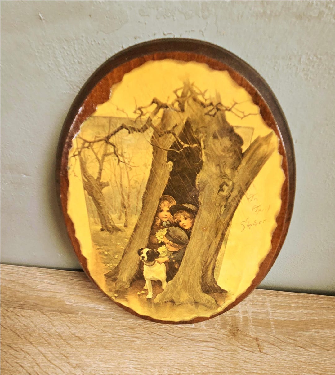 Vtg Wood Slab Art Illustration "an April Shower" - Etsy