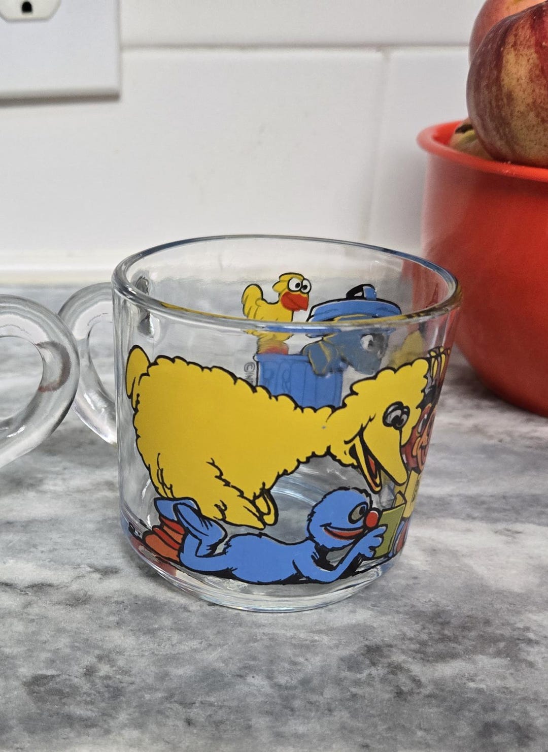 Vtg Sesame Street & Muppets Clear Glass Coffee Cup Mug Big Bird Grover ...
