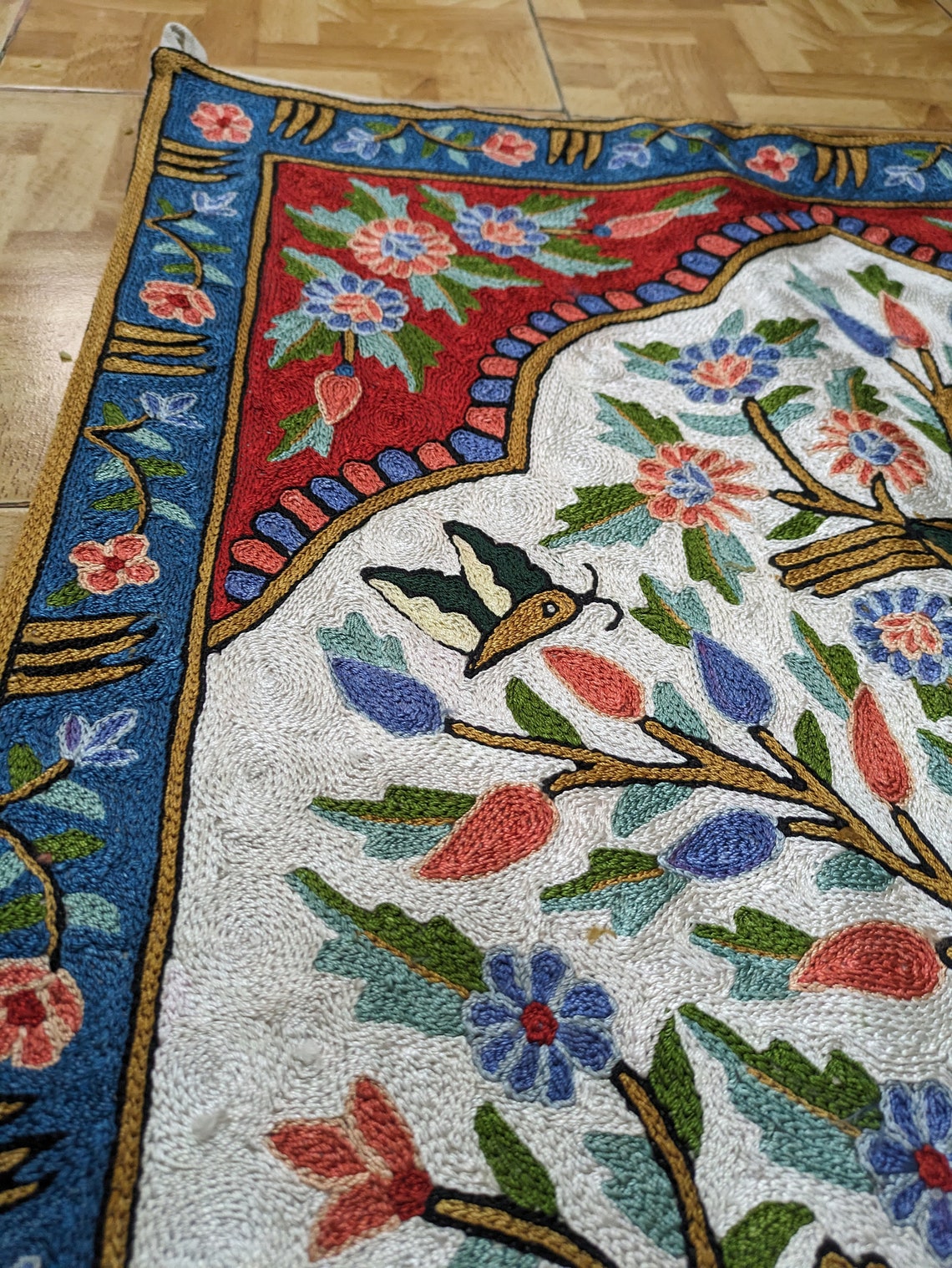 Kashmiri Tree of Life, Bird Silk Rug, Wall Hanging, Chainstitch Rug ...