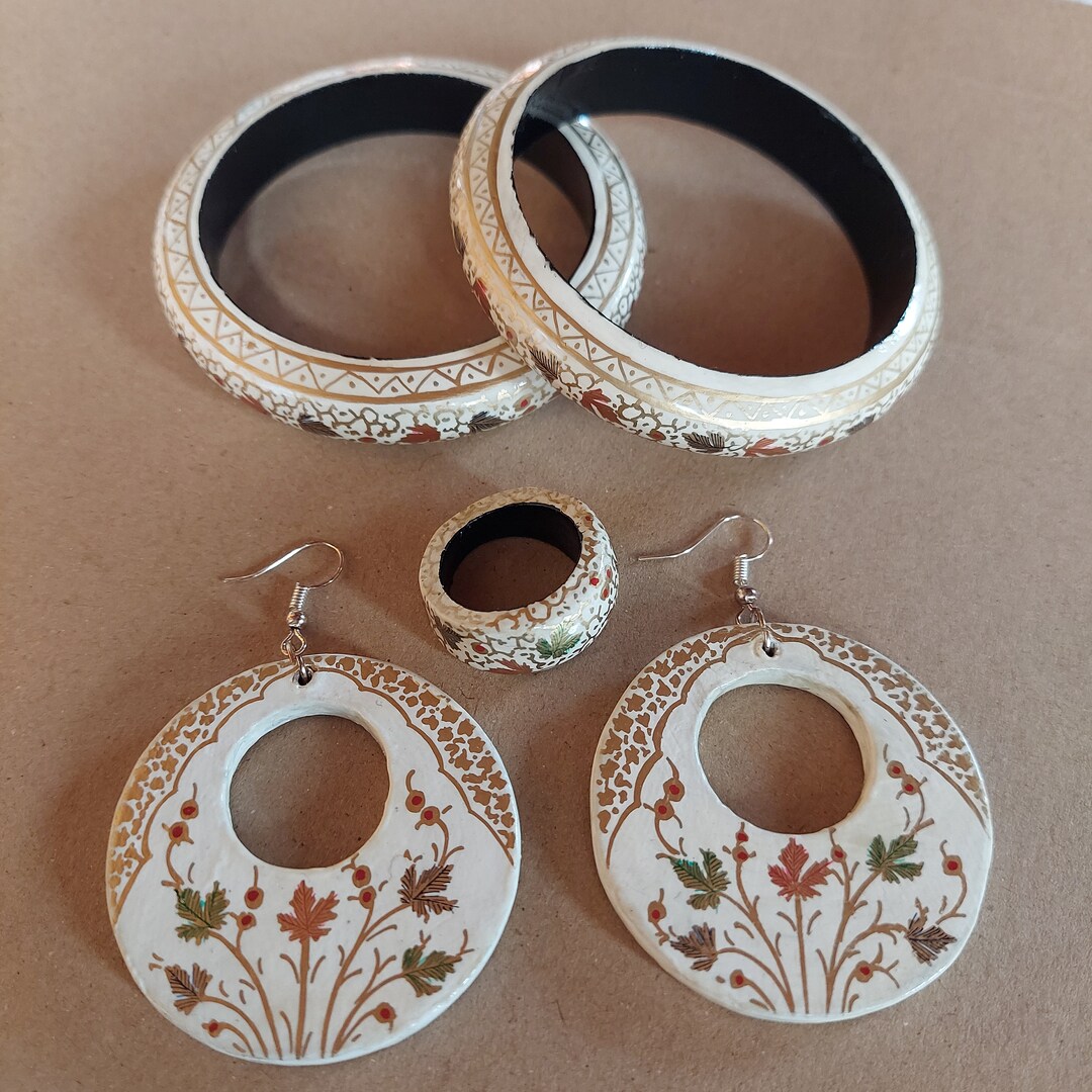 Kashmiri Paper Mache Handmade White Chinar Design Jewellery Set - Etsy