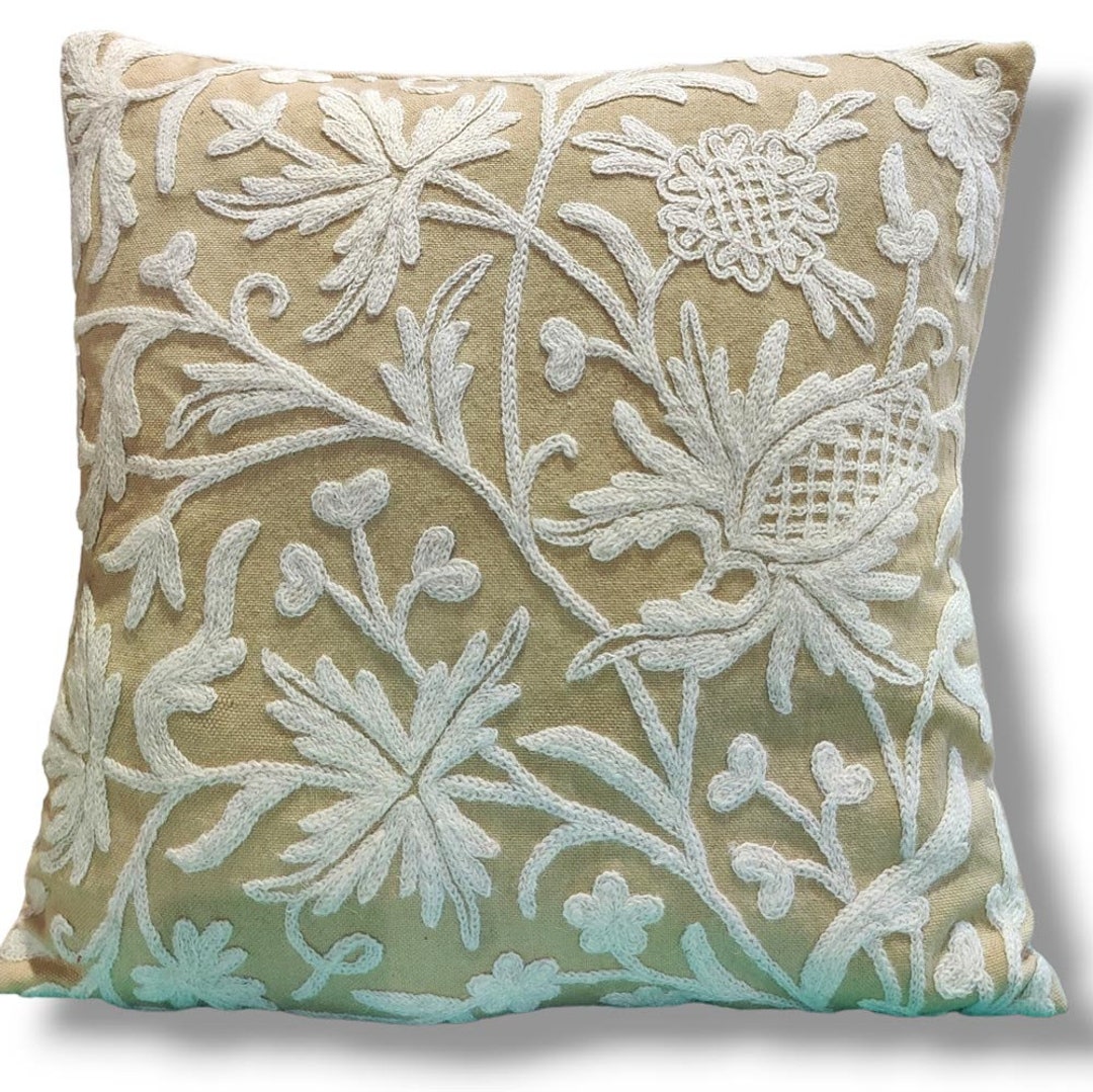 White Hand Crewel on Light Beige Cushion Cover - Set of 2 - 16"x16 ...