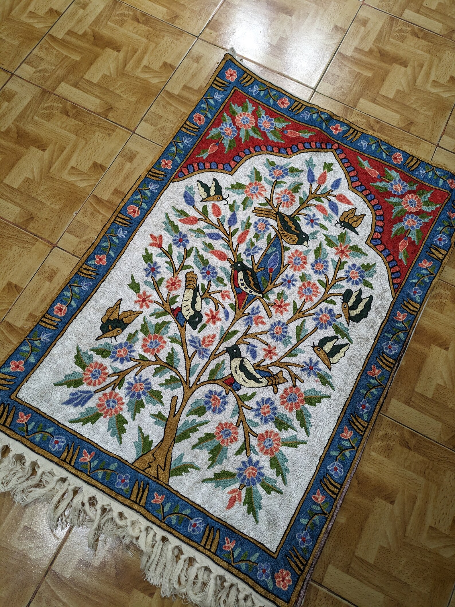 Kashmiri Tree of Life, Bird Silk Rug, Wall Hanging, Chainstitch Rug ...