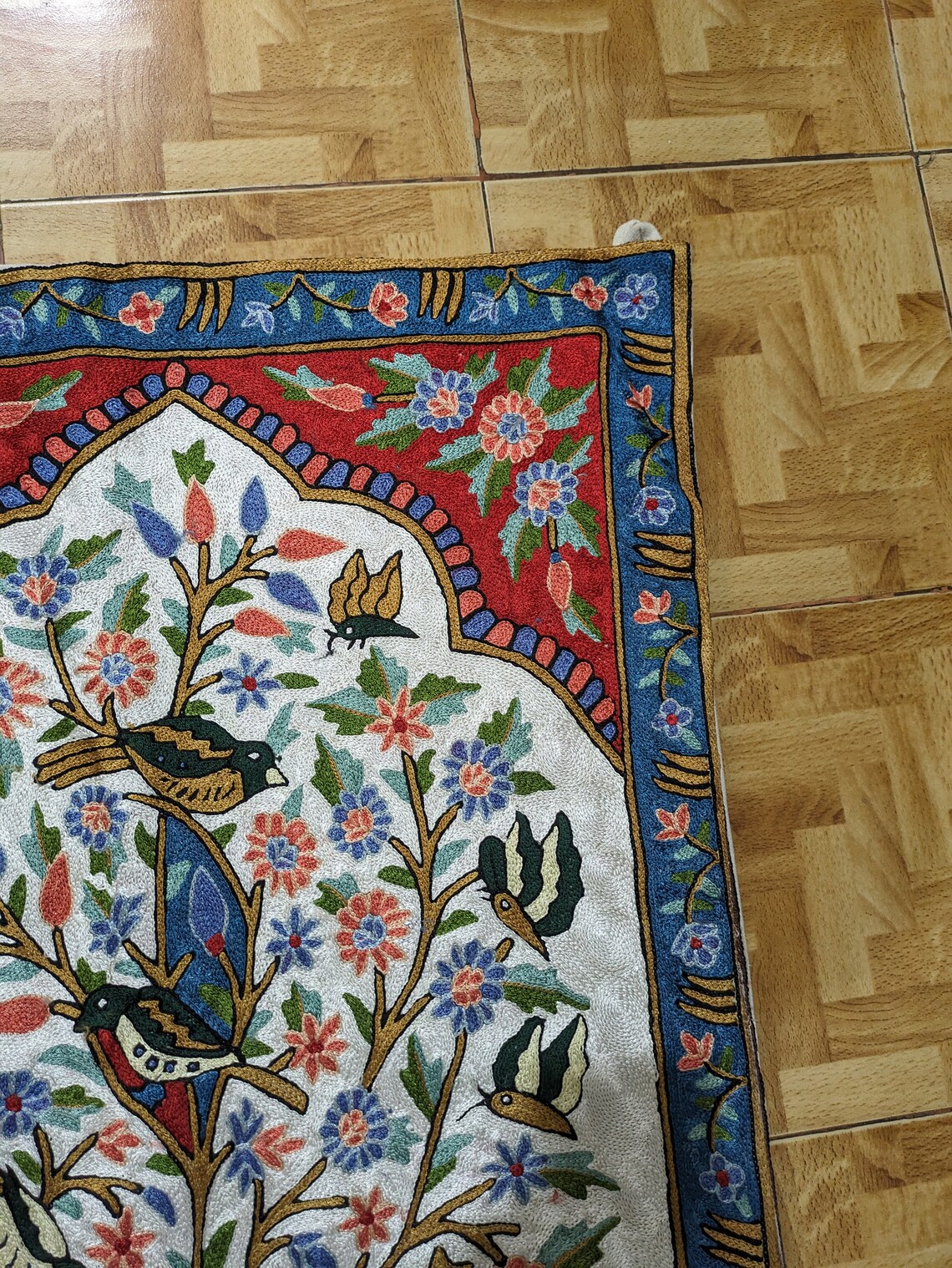 Kashmiri Tree of Life, Bird Silk Rug, Wall Hanging, Chainstitch Rug ...