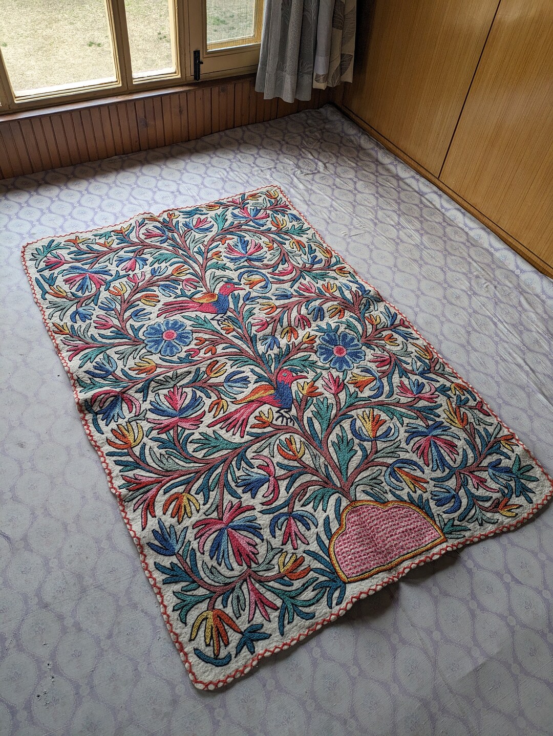 Kashmiri Tree Design With Birds Namda Rug, 64ft Pure Wool Double ...