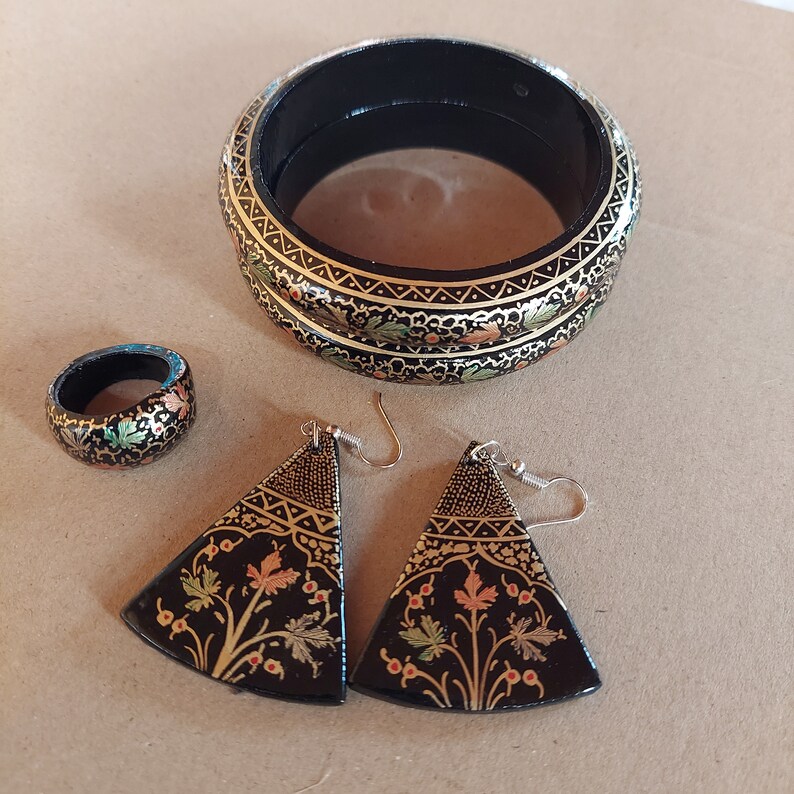 Kashmiri Paper Mache Handmade Black Chinar Design Jewellery Set - Etsy