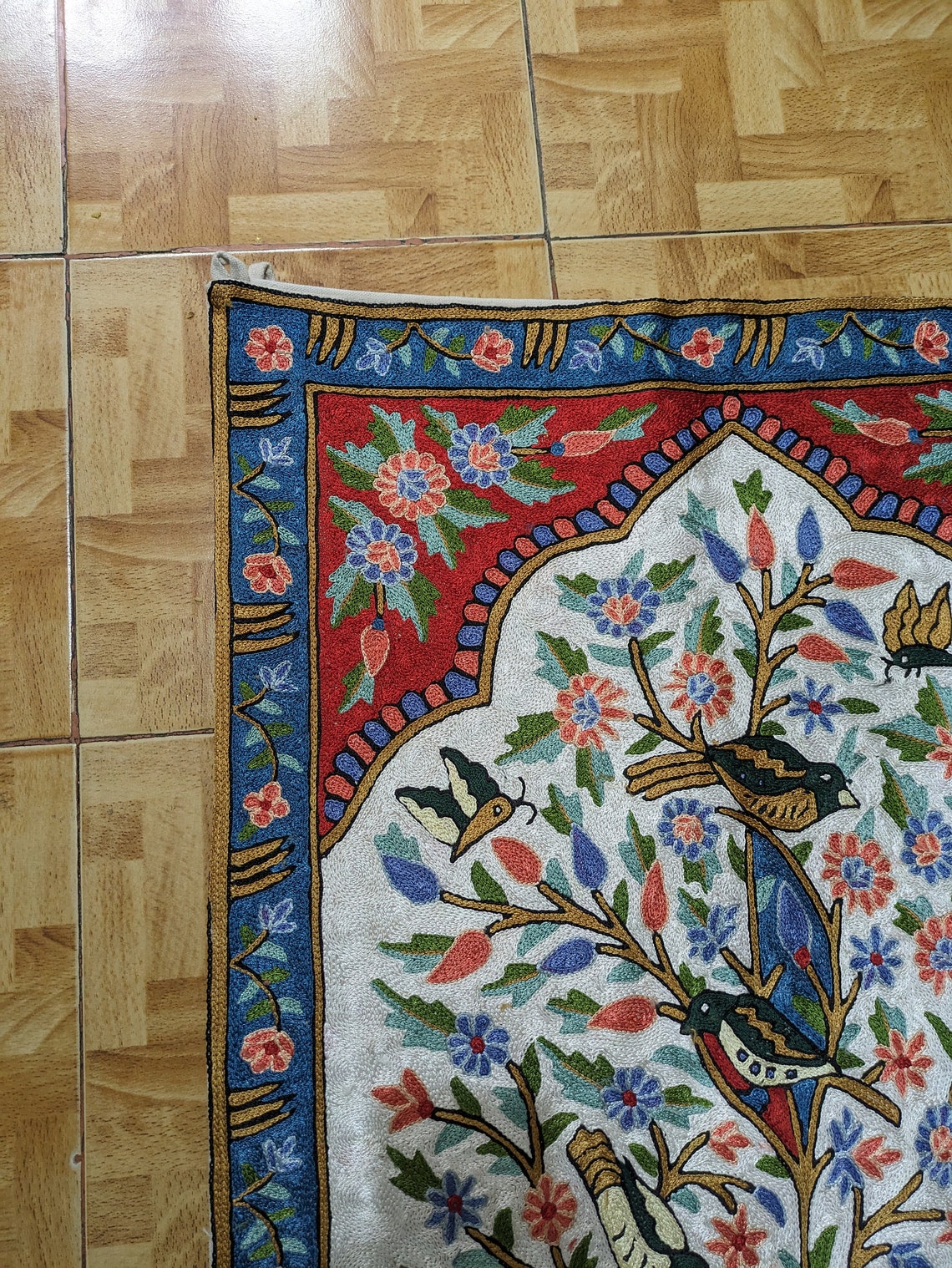 Kashmiri Tree of Life, Bird Silk Rug, Wall Hanging, Chainstitch Rug ...