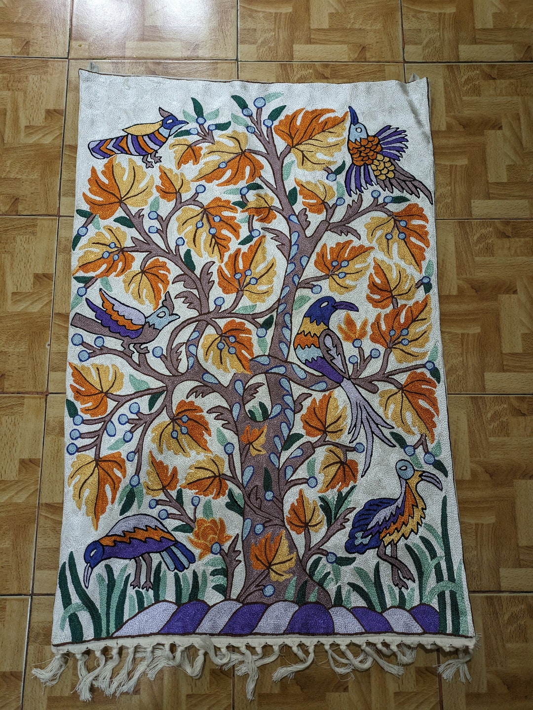 Kashmiri Tree of Life, Silk Rug, Wall Hanging, Chainstitch Rug, Living ...