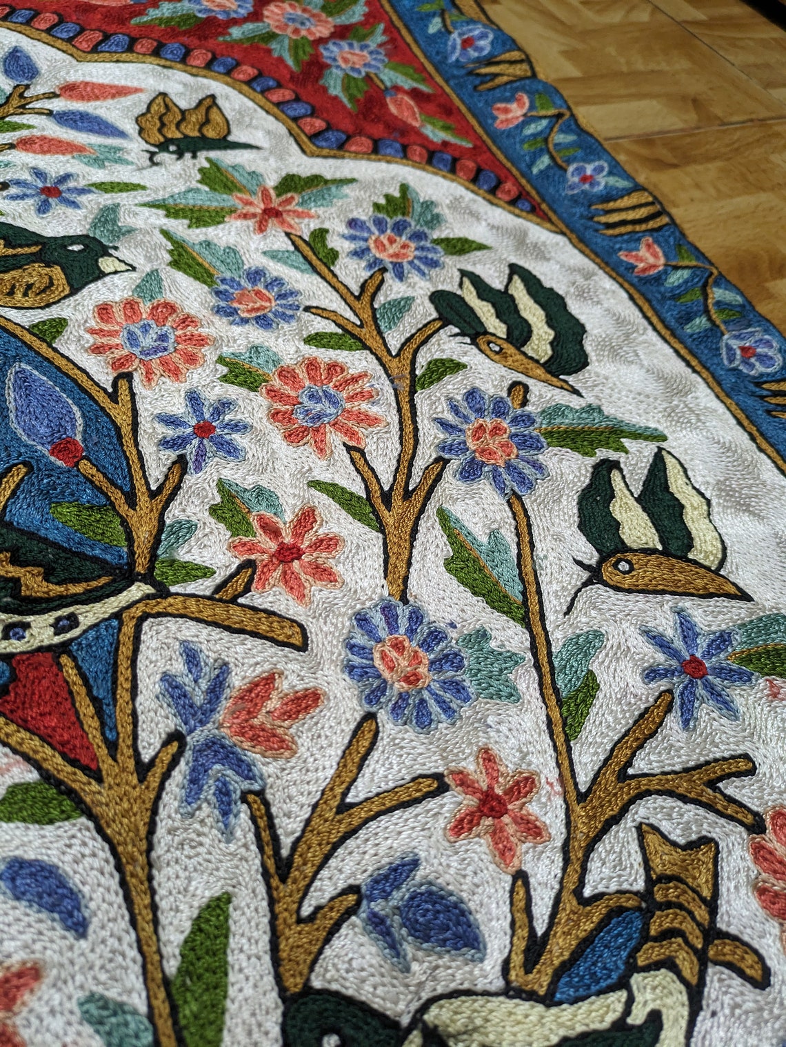 Kashmiri Tree of Life, Bird Silk Rug, Wall Hanging, Chainstitch Rug ...