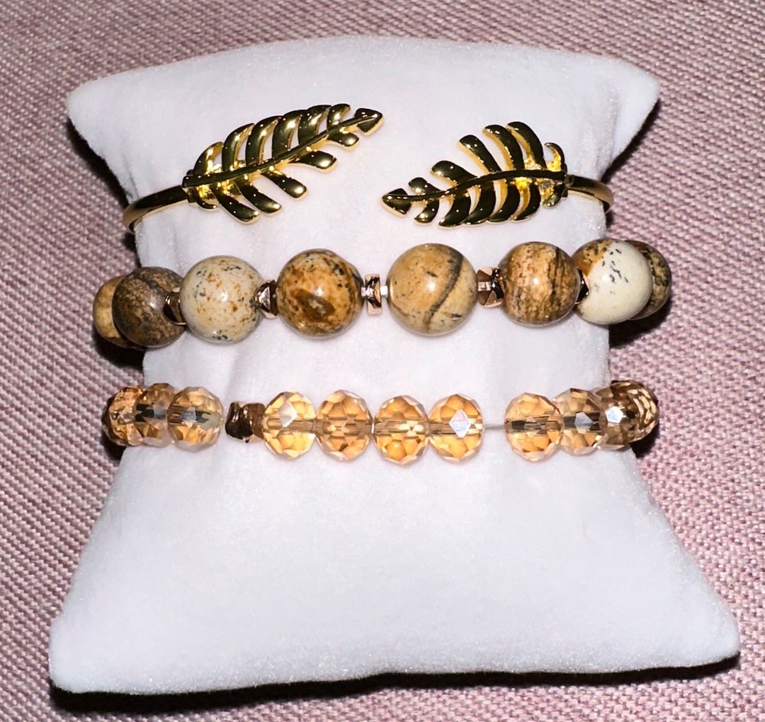 Champagne Gold Cream Brown Marble Stone and Acrylic Beaded Bracelets ...