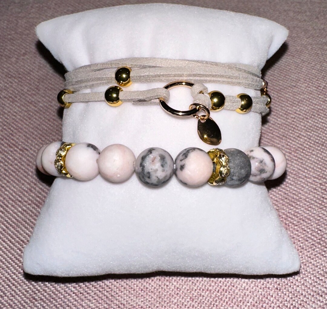 Gray Leather Wrap and Marble Pink and Gray Gold Stacked Bracelet Set of ...