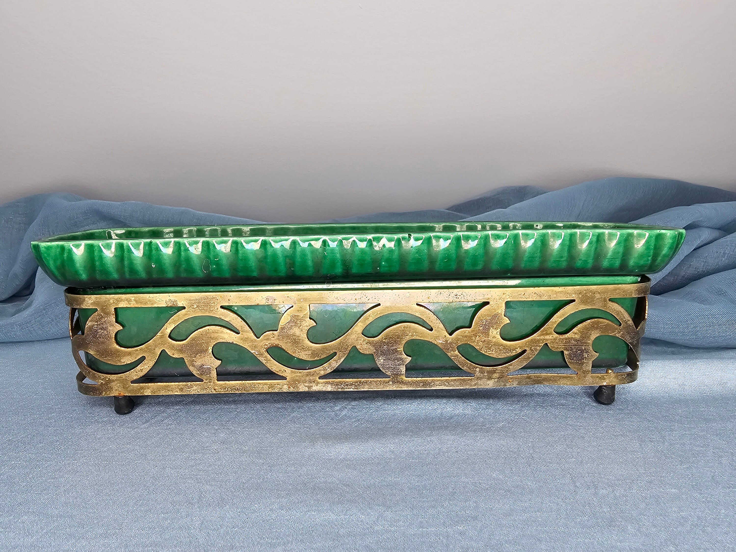 Miramar Pottery Emerald Planter With Brass Holder - Etsy