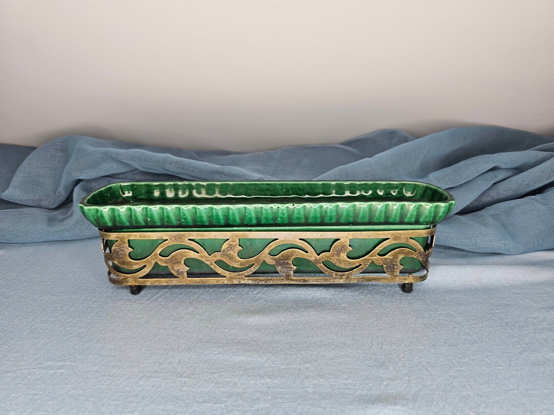 Miramar Pottery Emerald Planter With Brass Holder - Etsy
