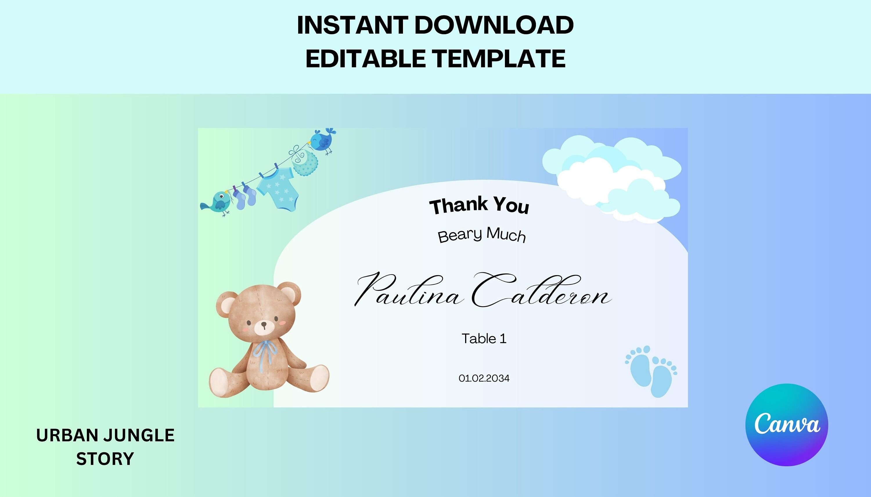 Editable Baby Boy Blue Teddy Bear Baby Shower Name Tag Template Instant ...