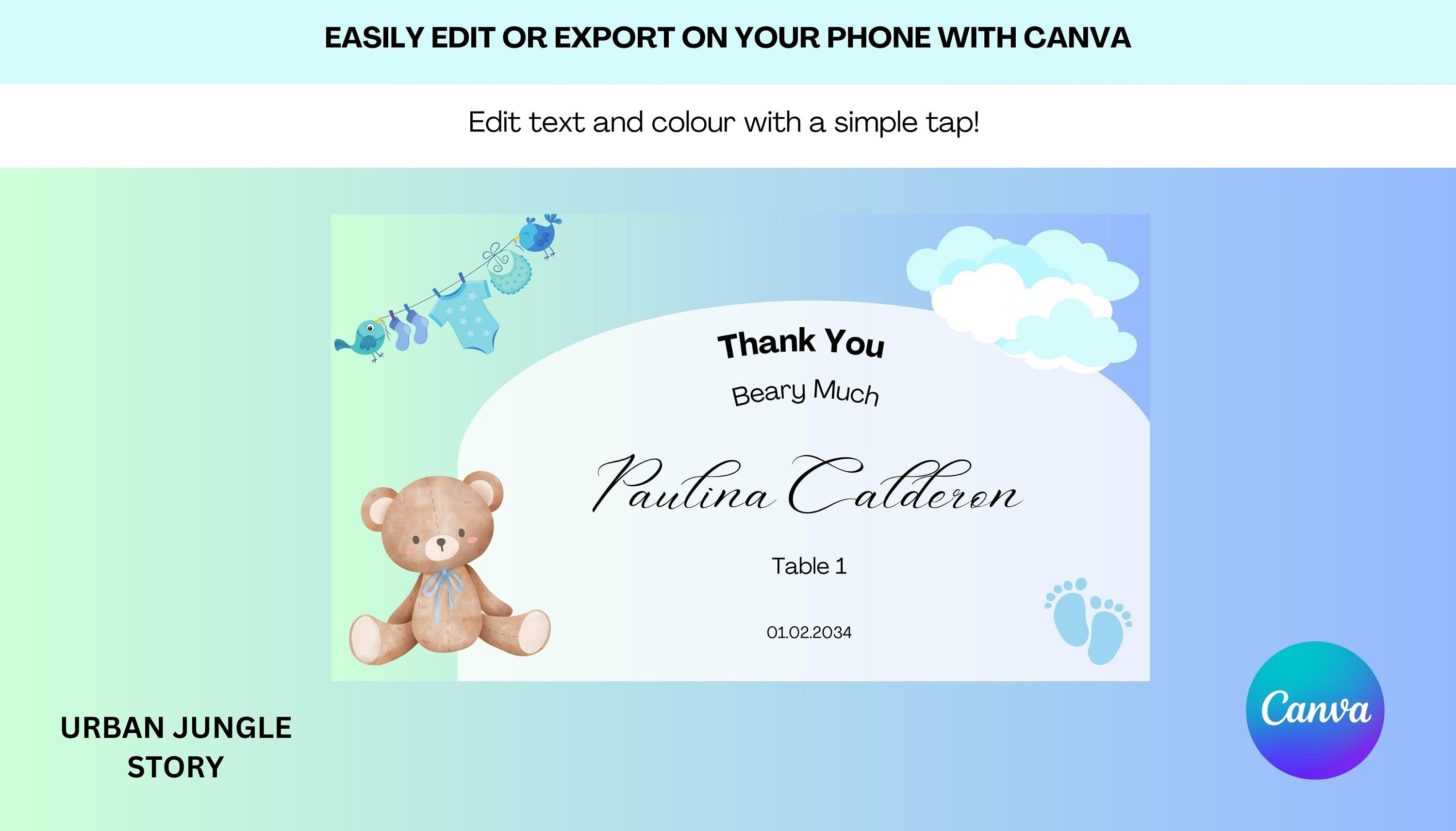 Editable Baby Boy Blue Teddy Bear Baby Shower Name Tag - Etsy