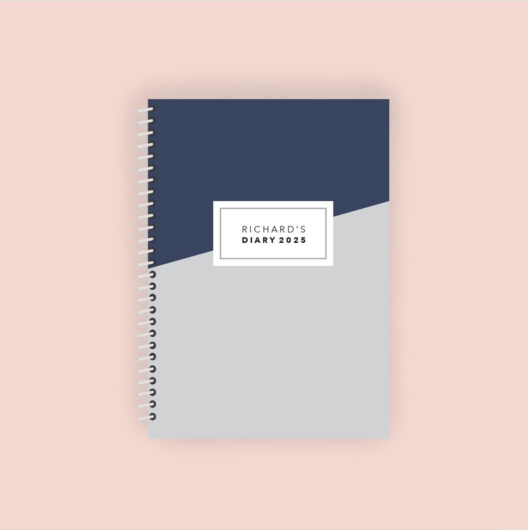 2025, A5, Navy and Grey Block Print Diary, Personalised Diary, Week to ...
