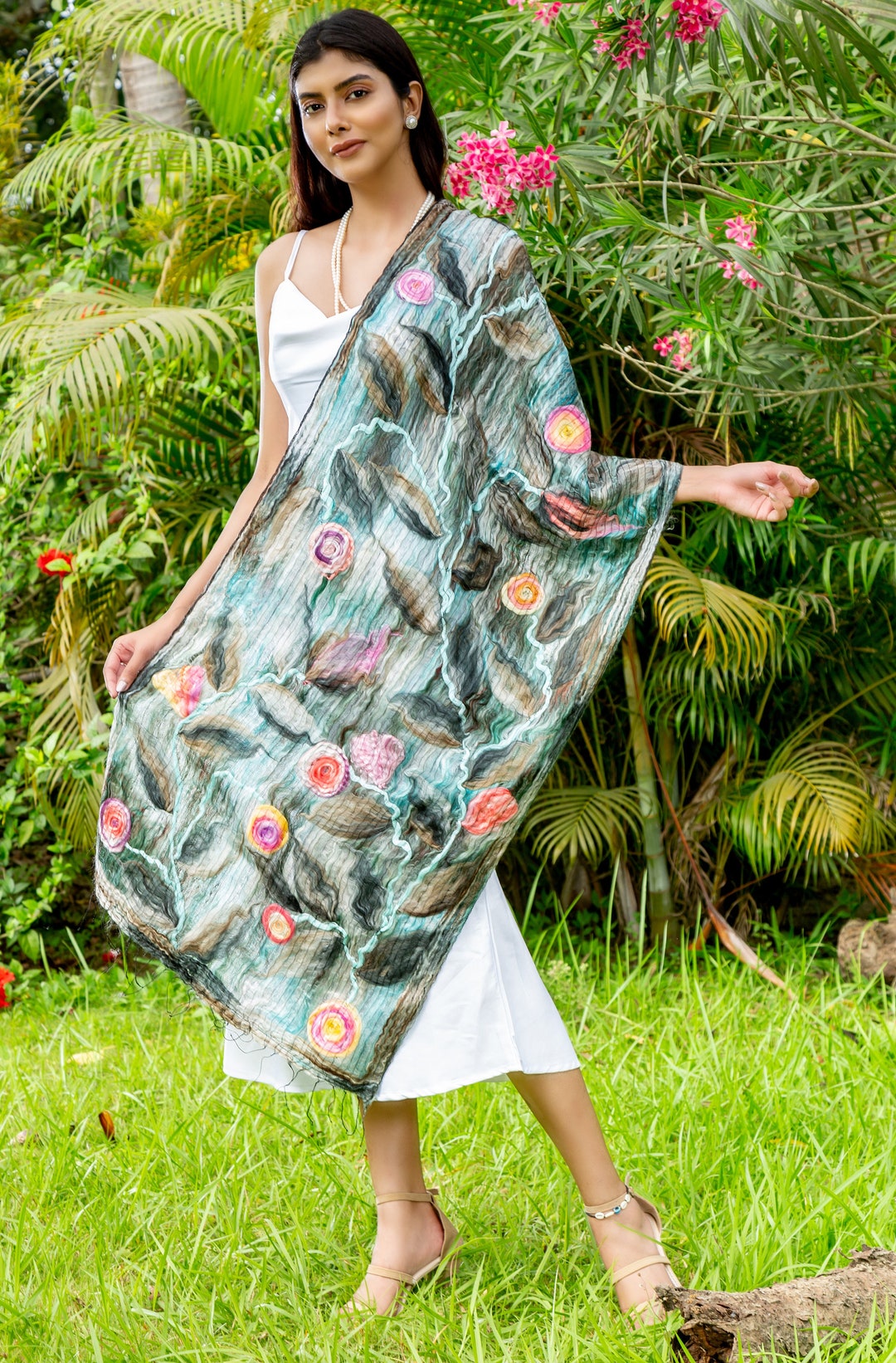 Earth Tone Scarf and Wrap, Floral Felted Acrylic Wool Scarf, Handmade ...