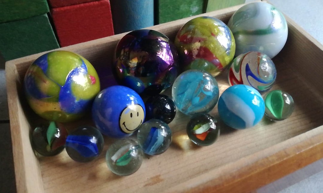 Set of 15 Vintage Glass Balls Colorful Marbles Opaque and Transparent ...