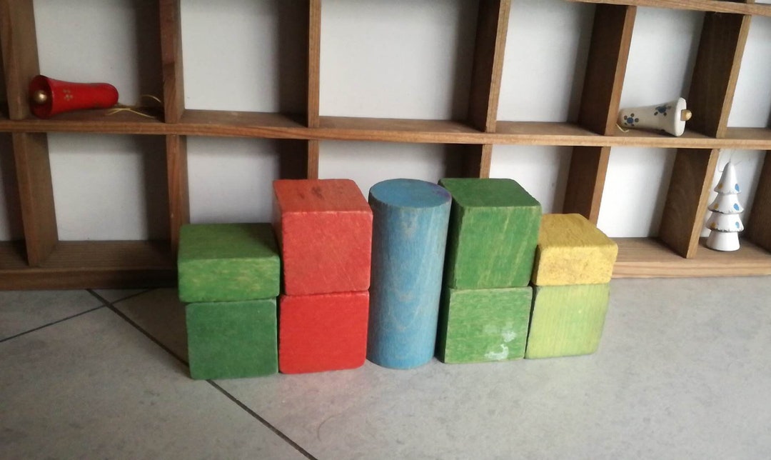 Set of 10 Vintage Wooden Building Blocks Green Red Blue Yellow ...
