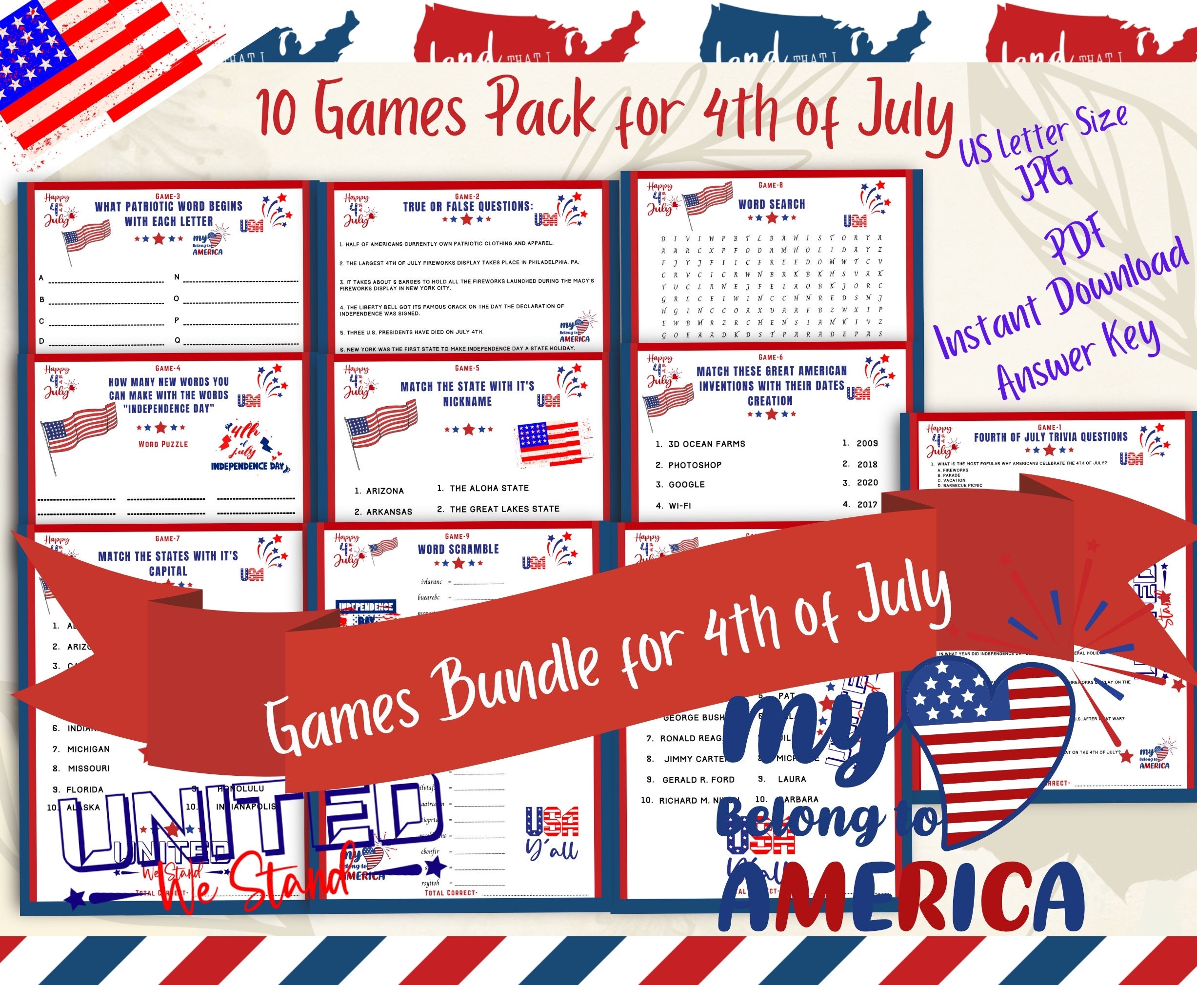 10 Games Pack for 4th of July Printable Games, Independence Day Games ...