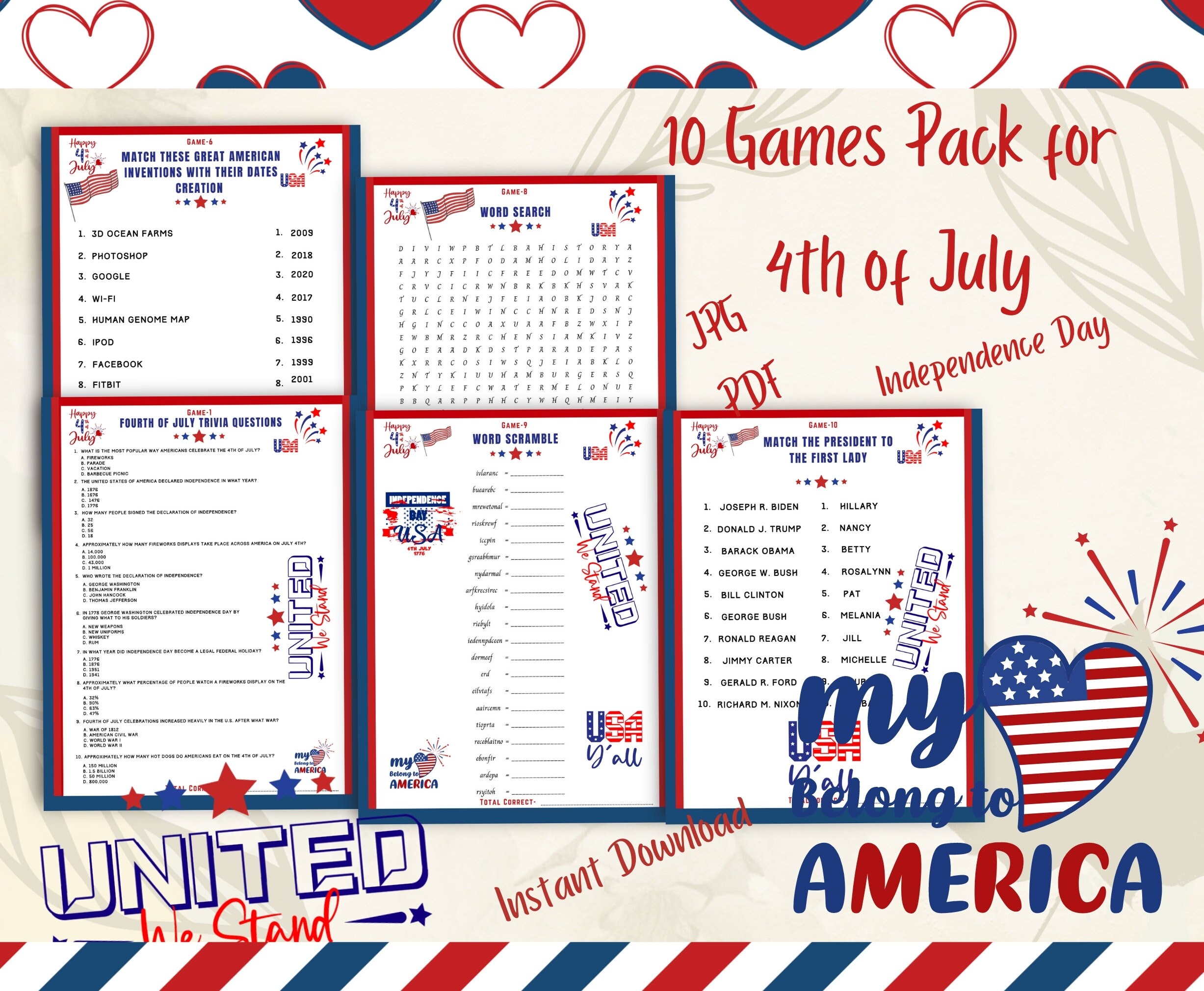 10 Games Pack for 4th of July Printable Games, Independence Day Games ...