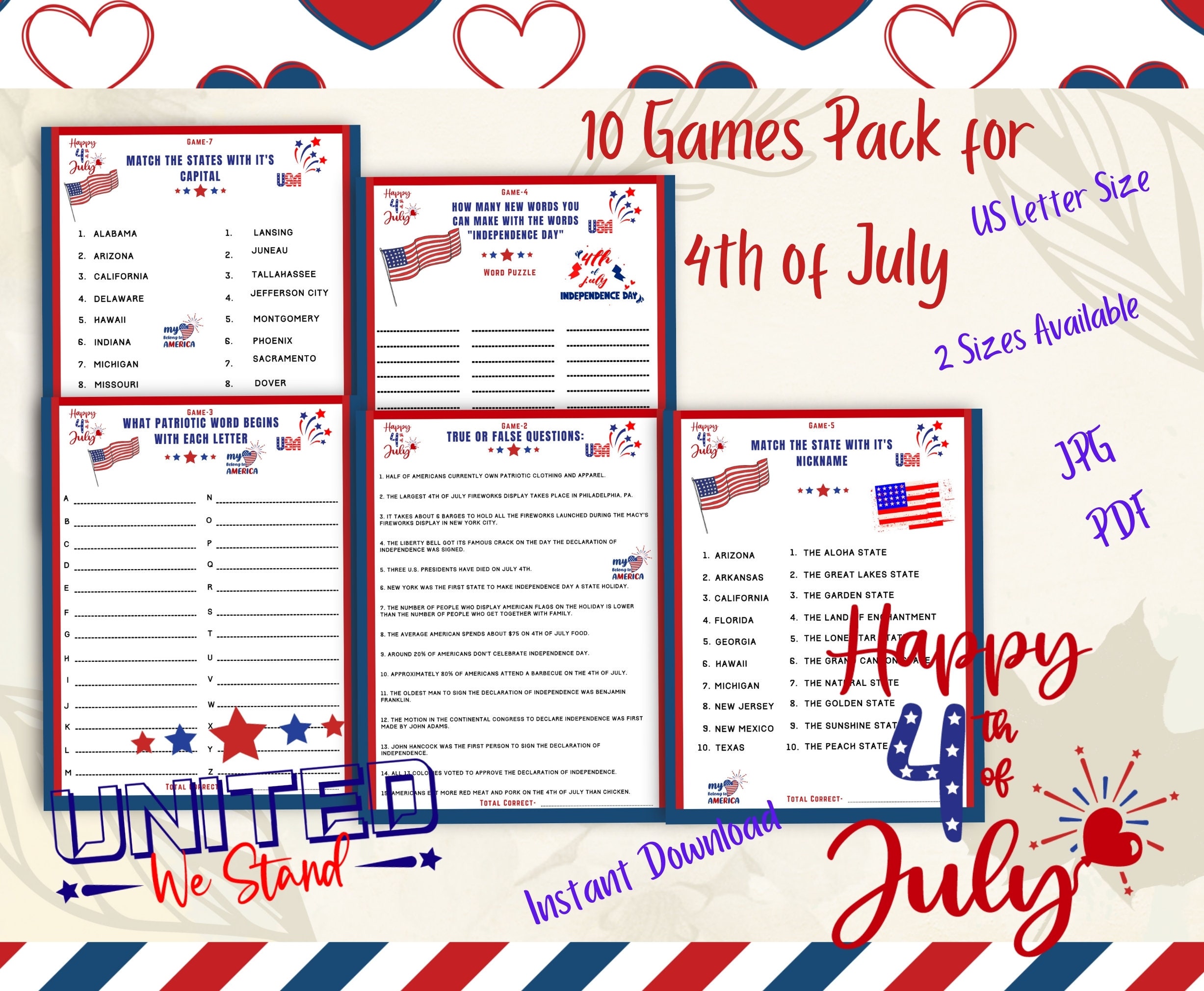 10 Games Pack for 4th of July Printable Games, Independence Day Games ...