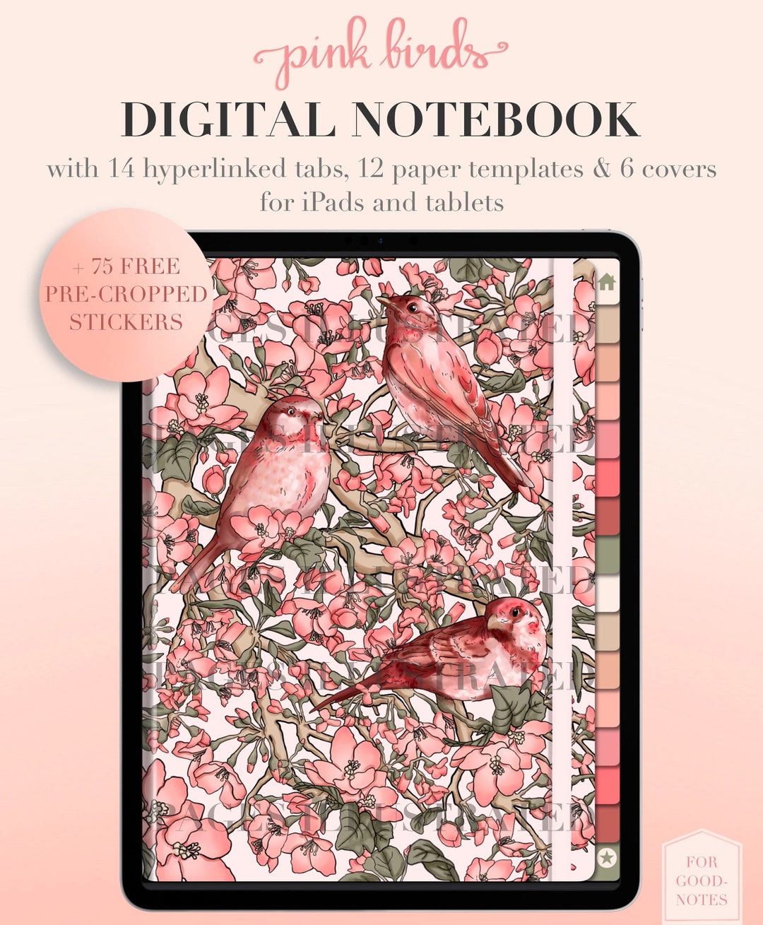 14 Tab DIGITAL NOTEBOOK for Goodnotes | HYPERLINKED | Pink Birds ...