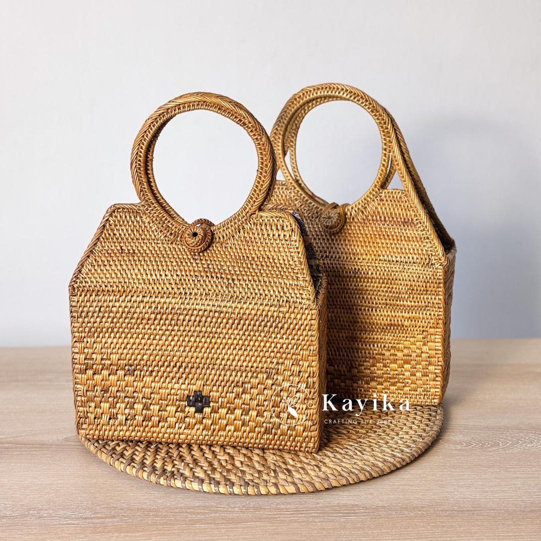 Handmade Rattan Top Handle Bag, Woven Ata Grass Handbag, Batik Lining ...