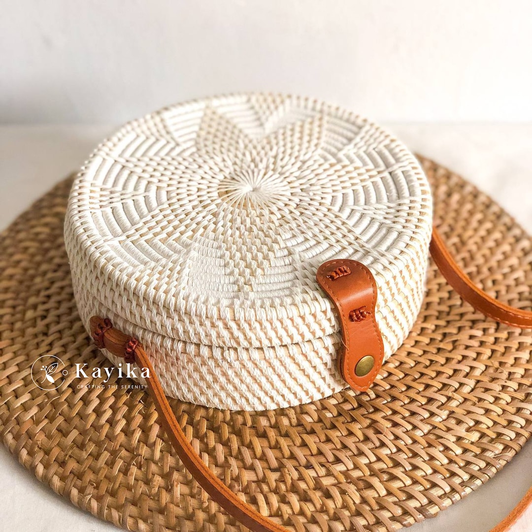 White Round Handwoven Bag - Rattan Shoulder Bag, Straw Bag, Exclusive ...