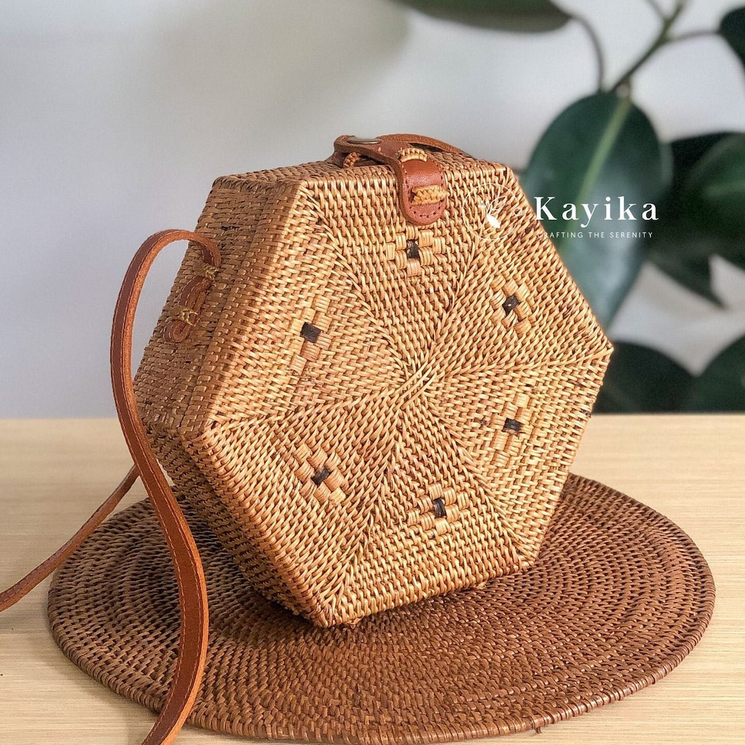 Handmade Hexagon Rattan Bag, Balinese Ata Grass Sling, Summer Beach ...