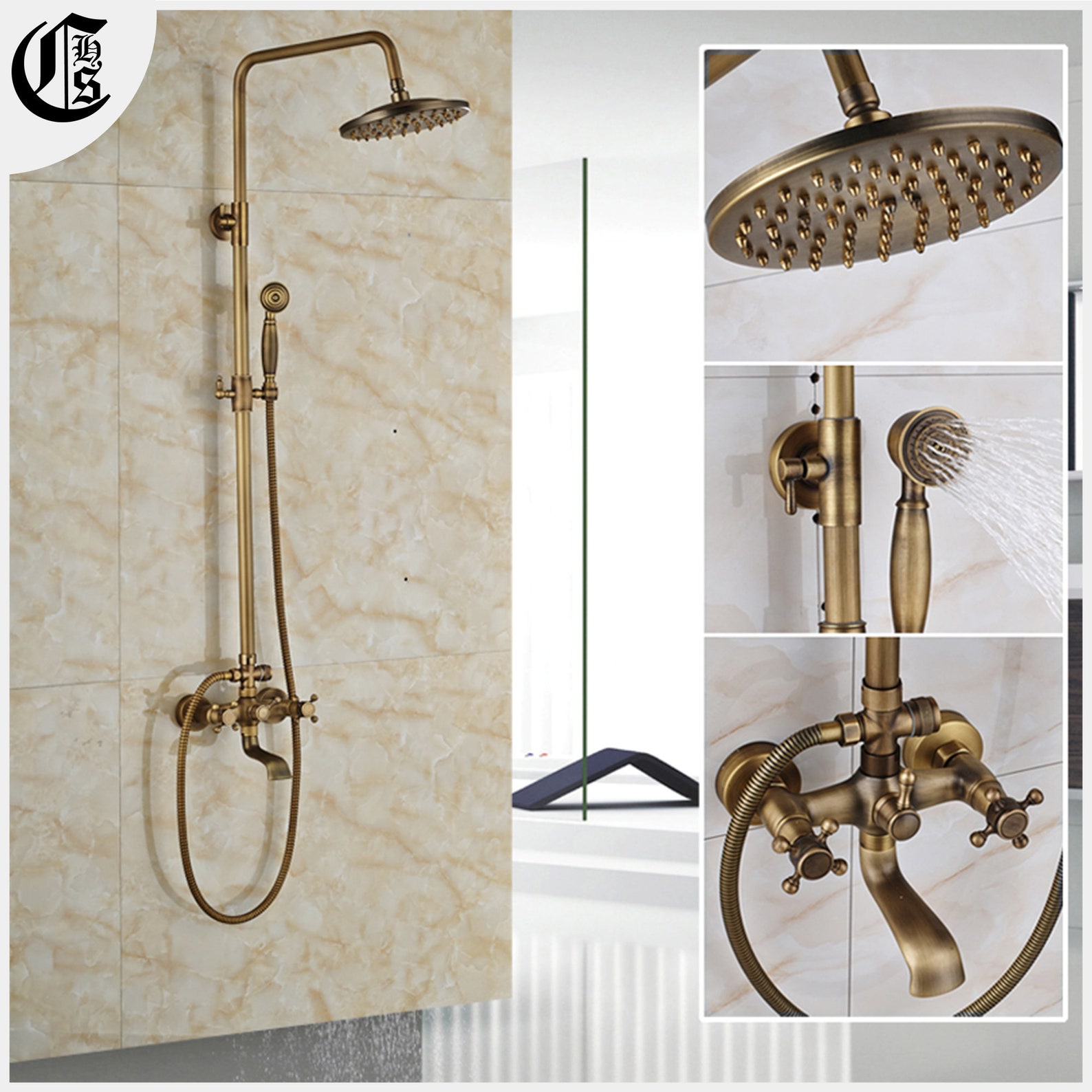 47"+ Antique Brass Shower Set - Beautiful Vintage Old Brass Handmade ...